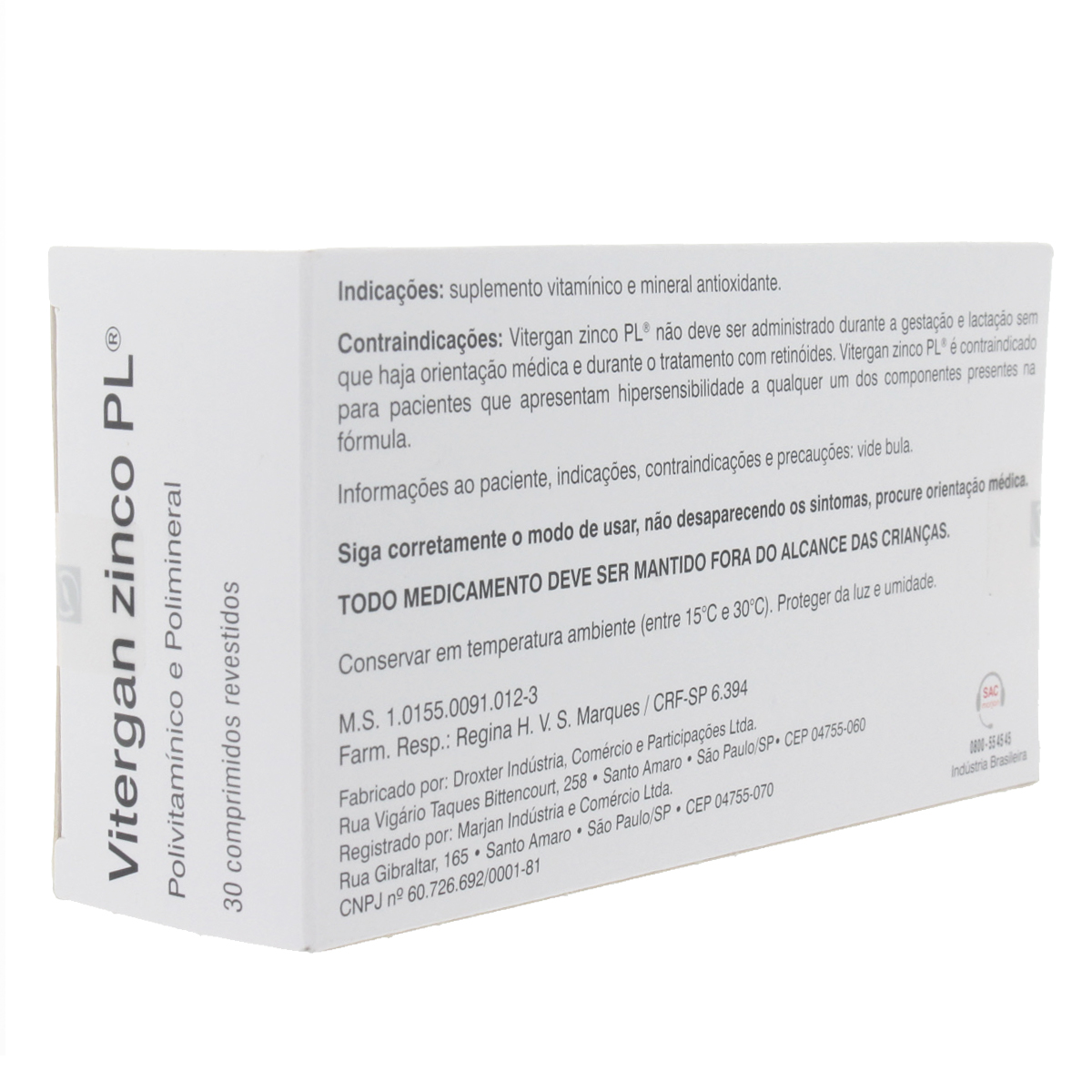 Vitergan Zinco PL 30 Comprimidos Marjan | Drogasil