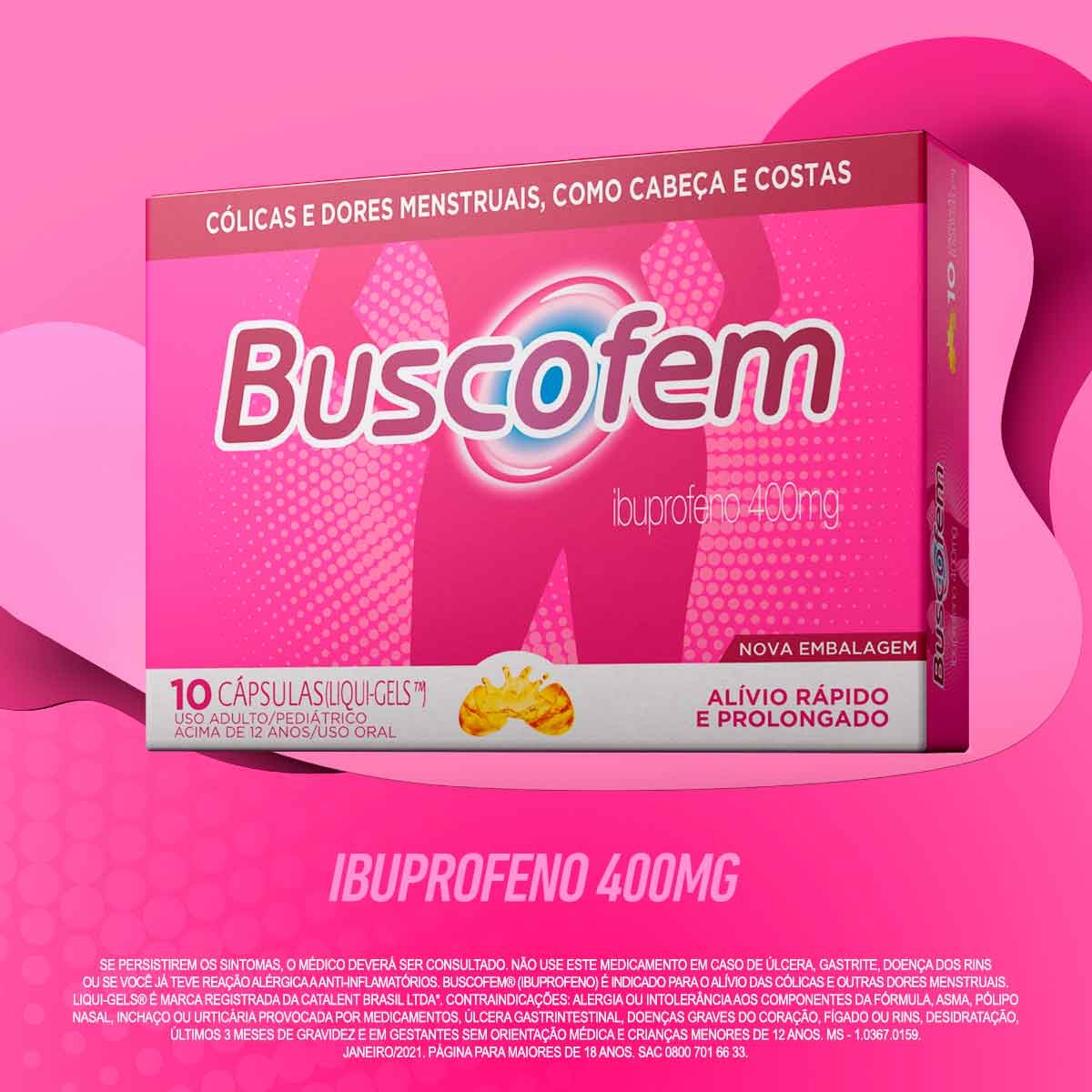 Buscofem 400mg com 10 cápsulas - indicação, preço e mais | Drogasil