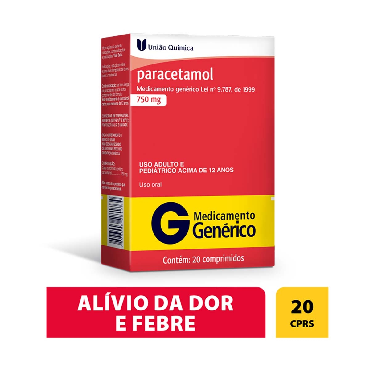 Paracetamol 750mg 20 comprimidos - União Química - Genérico | Drogasil