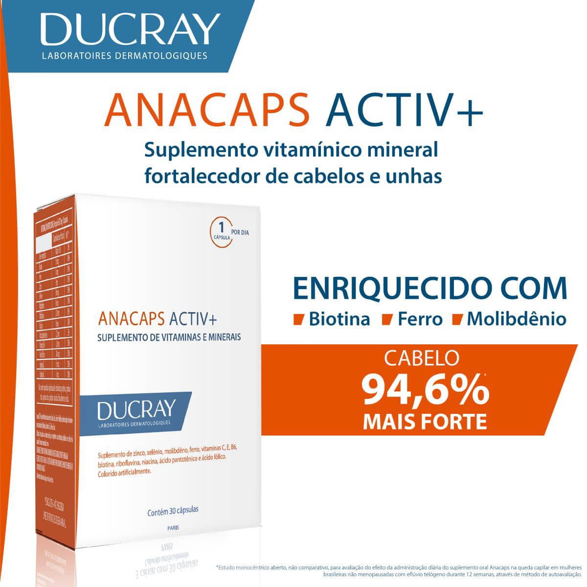 Suplemento de Vitaminas e Minerais Ducray Anacaps Activ+ 30 Cápsulas ...